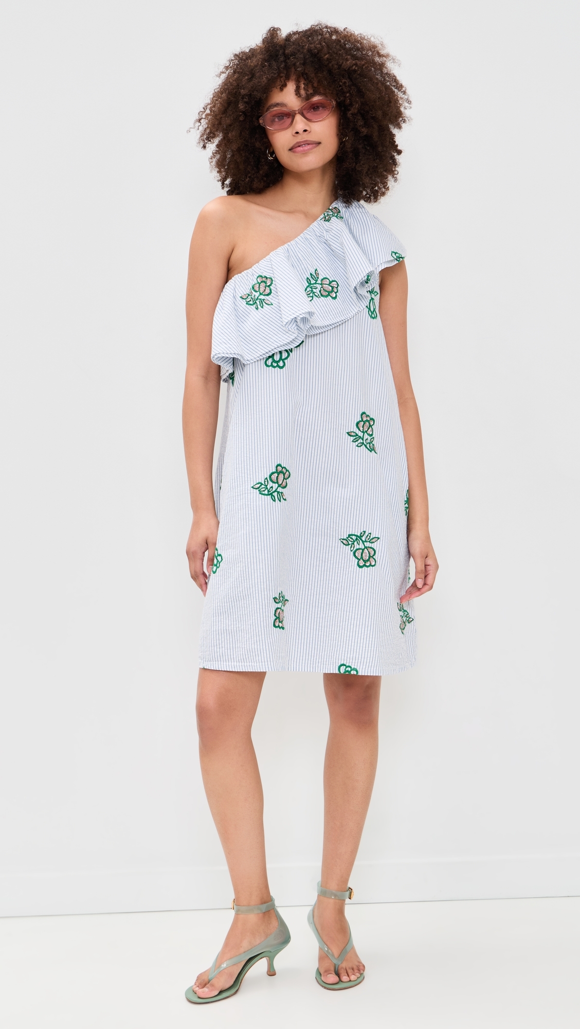 ESSENTIEL ANTWERP ESSENTIEL ANTWERP Asymmetric Ruffled Floral Embroidered Stripe Mini Dress